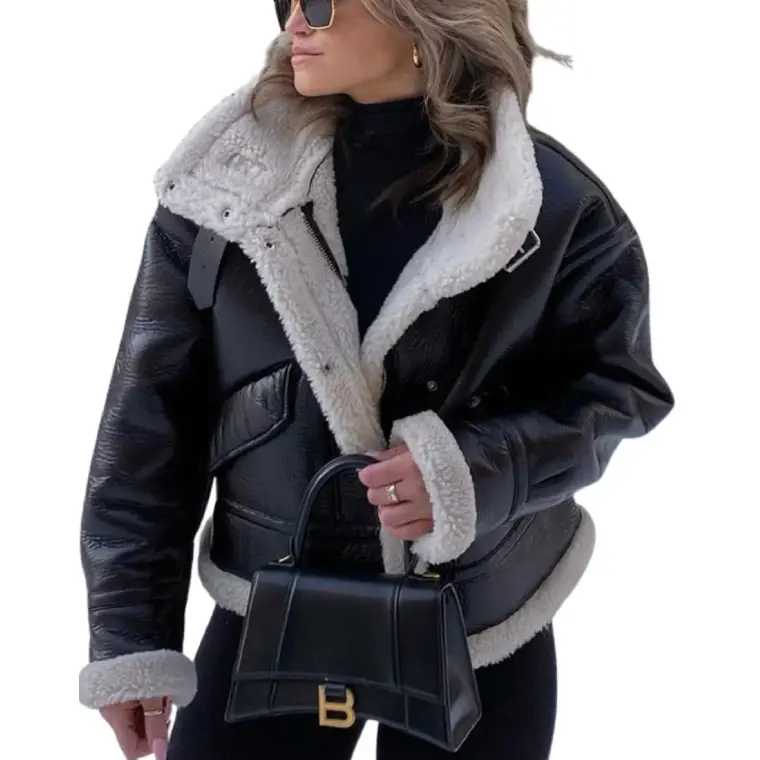 Bella Women's A-2 Black Faux Shearling Leather Bomber Jacket - Leather ...